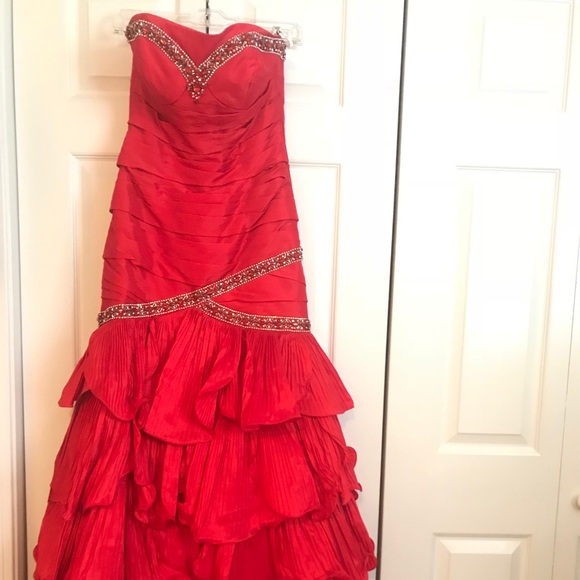 Tiffany Designs | Dresses | Red Silk Satin Evening Gown Pageant Prom ...